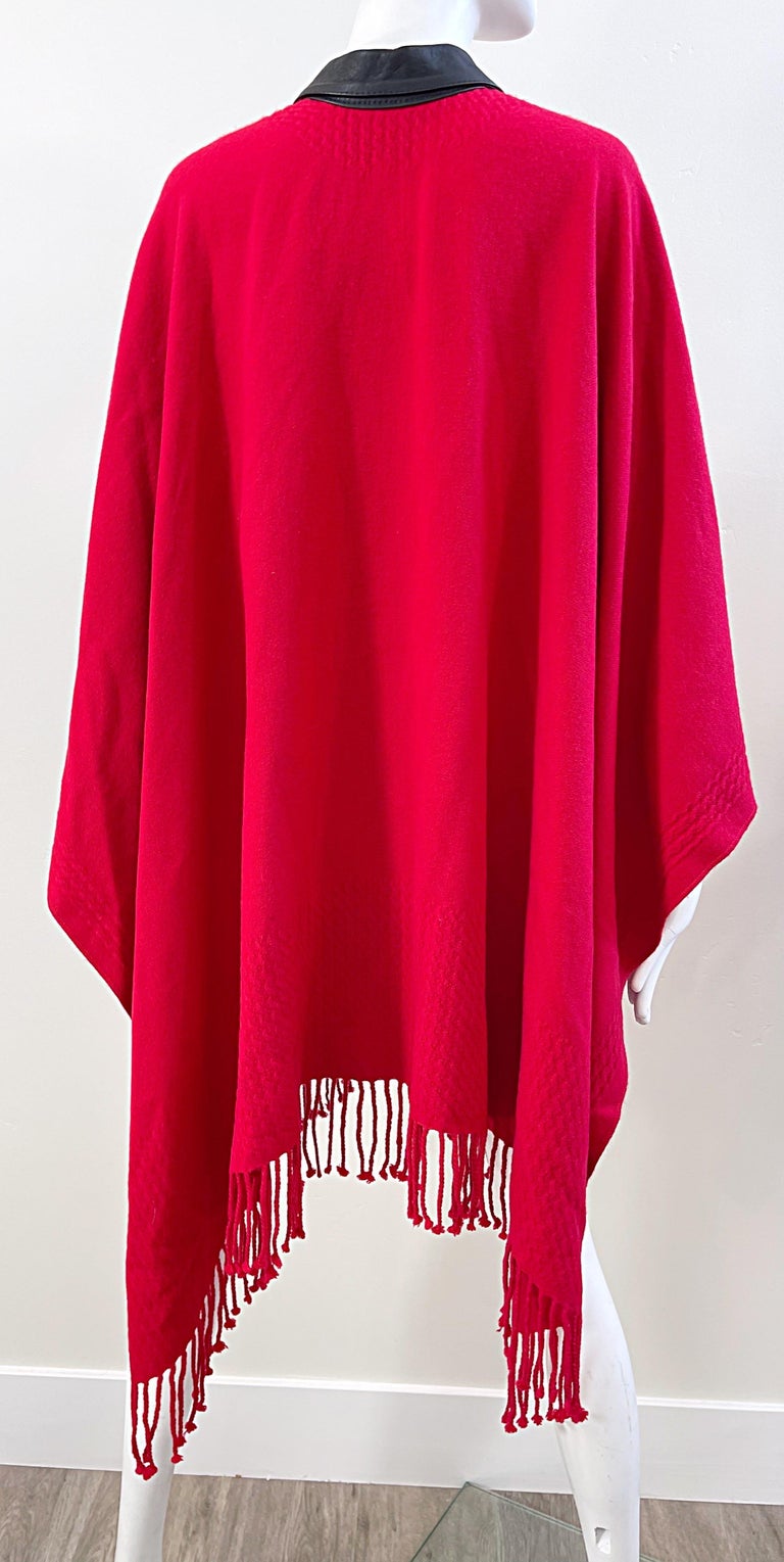 Vintage Red Black Wool + Leather Patchwork Fringe Cape / Poncho For ...