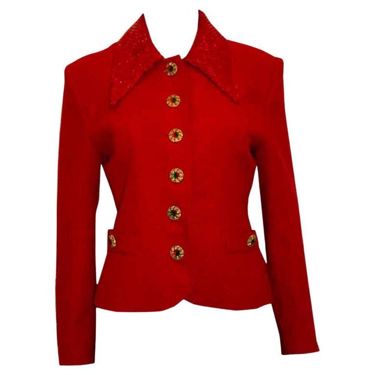 Vintage Red Boucle Jacket with Sequin Collar For Sale at 1stDibs