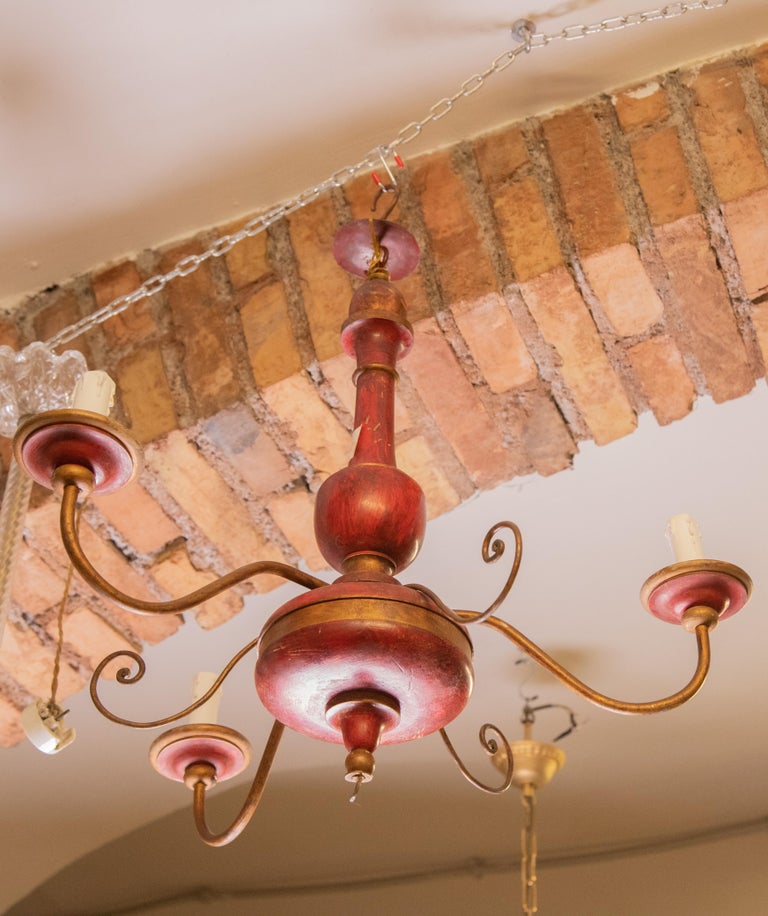 Vintage Red Bronze and Lacquered Wood Chandelier, 1960s For Sale at 1stDibs