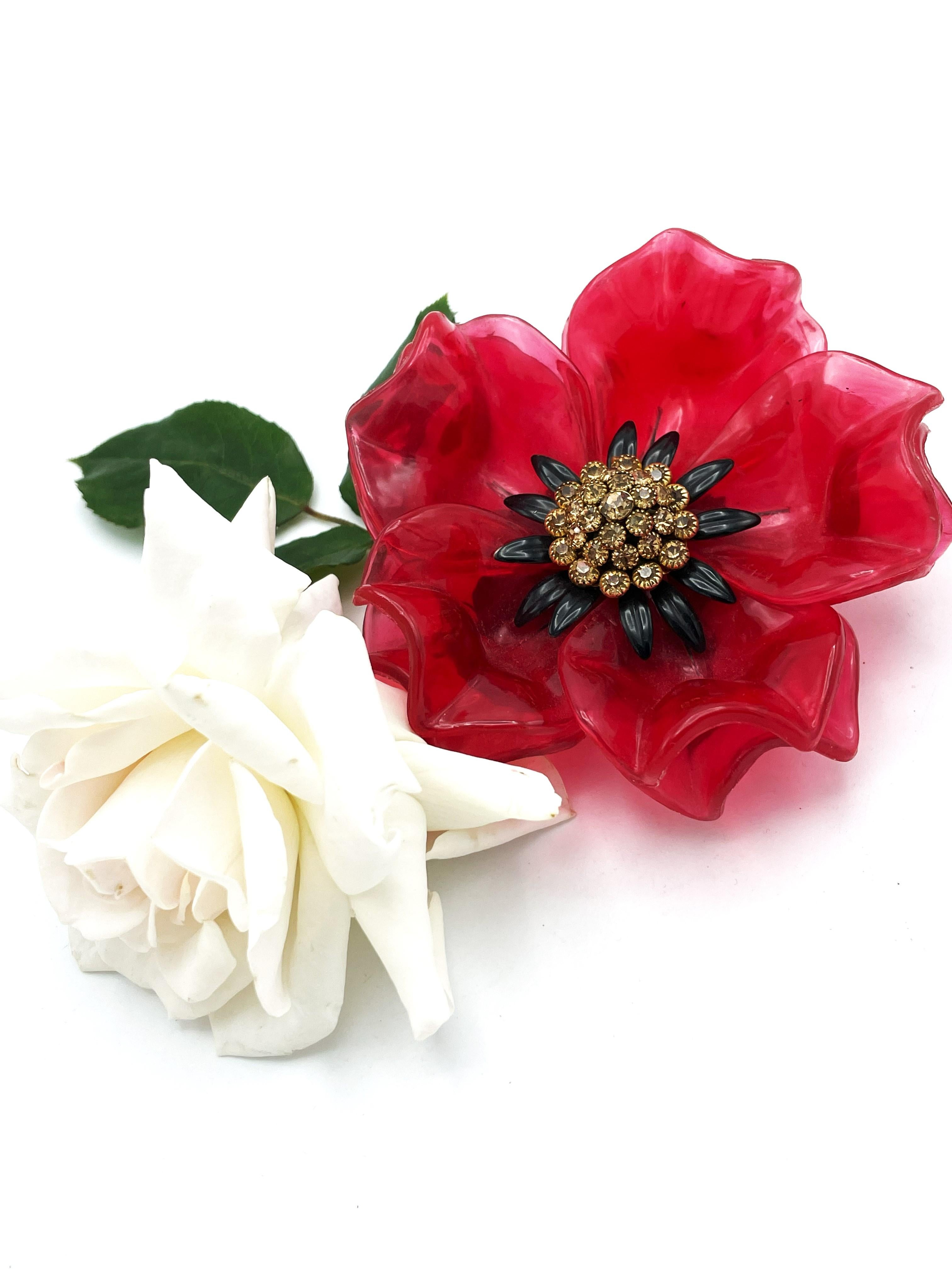 Vintage red Celluloid brooch with double flower wreath, 1970s USA For ...