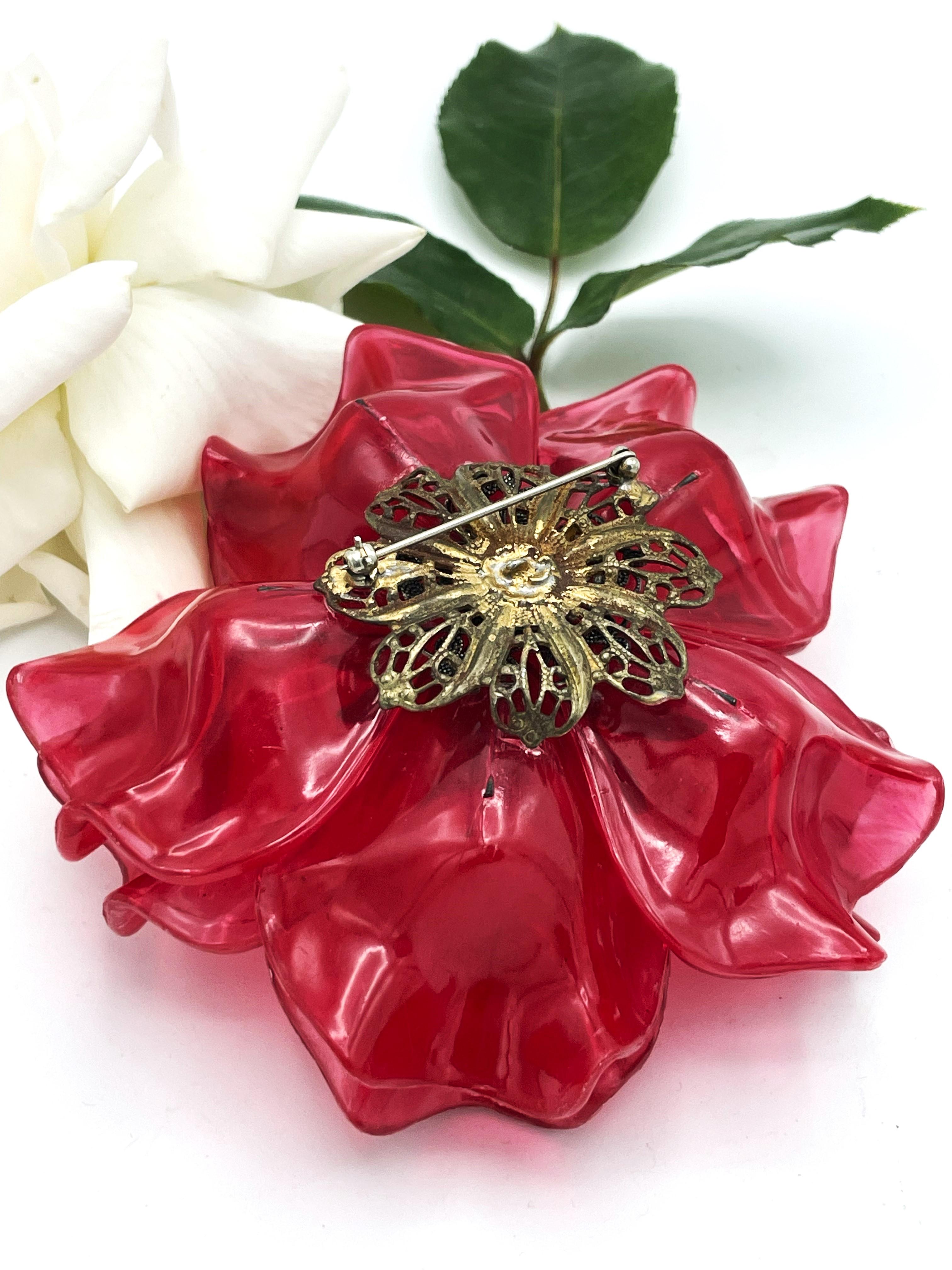 Vintage red Celluloid brooch with double flower wreath, 1970s USA For ...