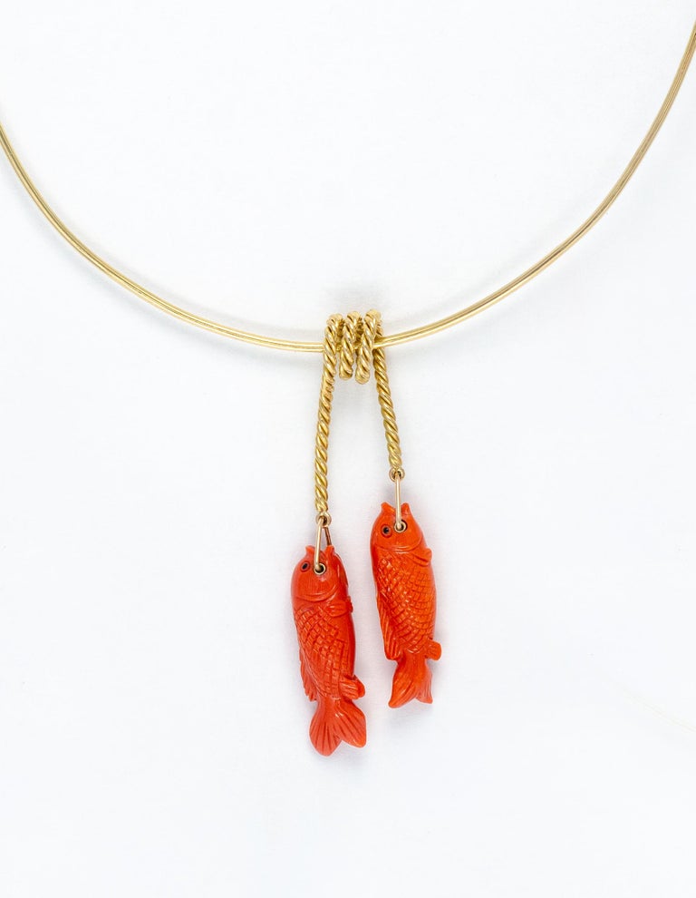Vintage Red Coral Carved Fish Choker For Sale at 1stDibs