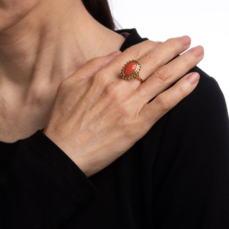 Vintage Red Coral Ring 18k Yellow Gold Oval Mount Fine Estate Jewelry ...