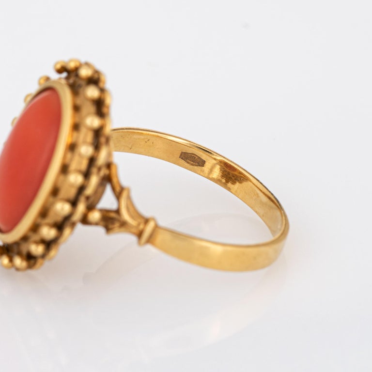 Vintage Red Coral Ring 18k Yellow Gold Oval Mount Fine Estate Jewelry ...