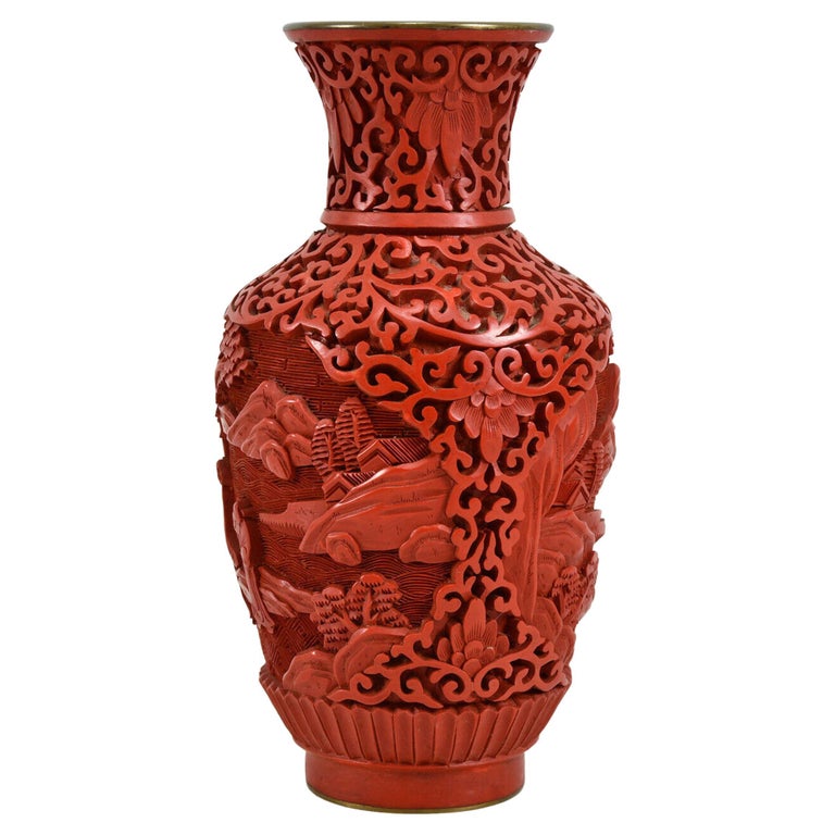 Vintage Red Lacquered Asian Vase with Tree and People Decor, 1G17 For ...