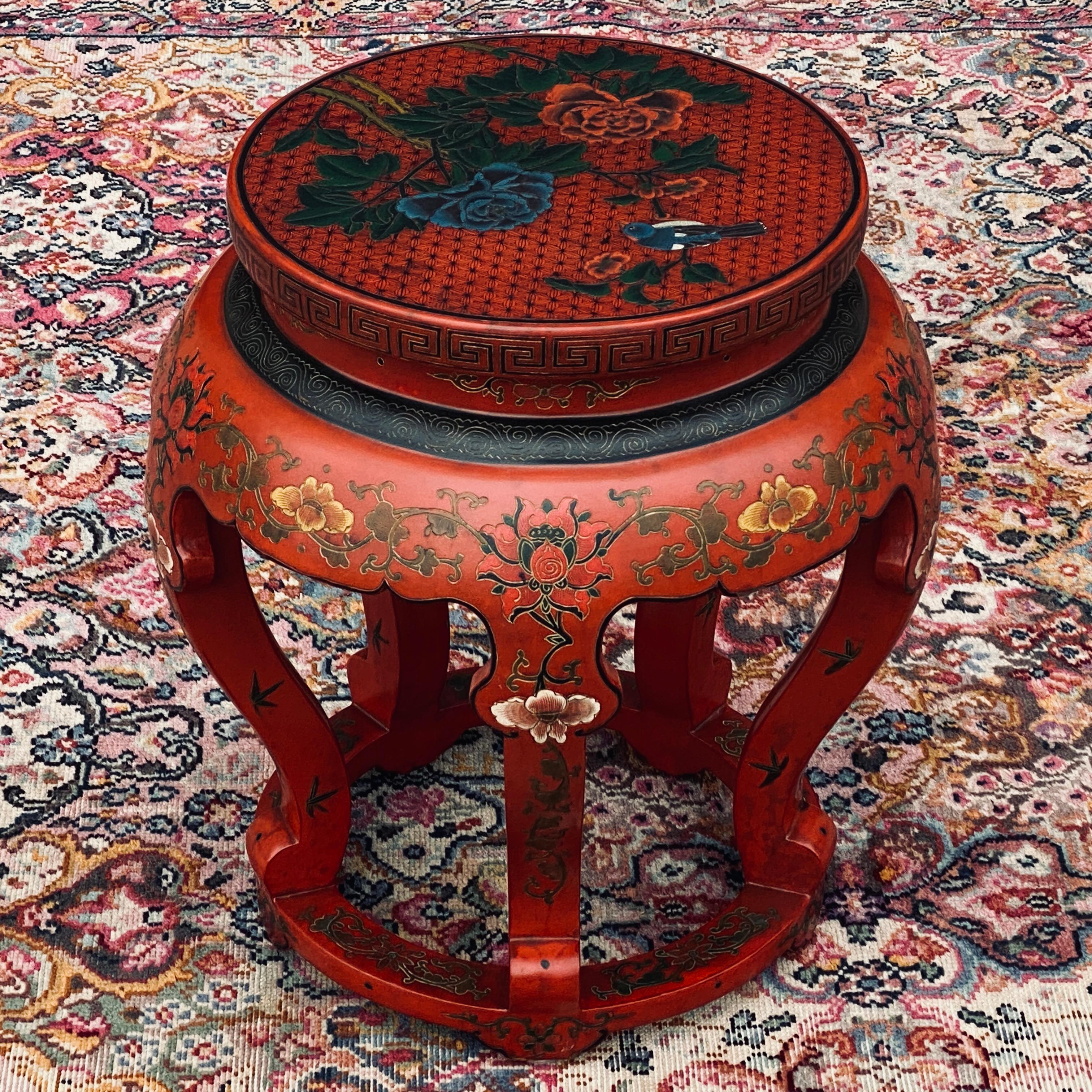 Vintage Red Lacquered Chinese Stool or Side Table For Sale at 1stDibs