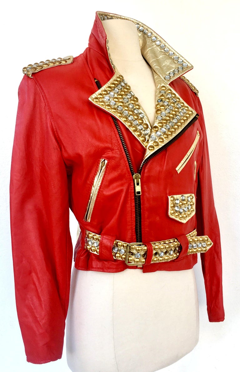 Vintage Red Leather and Gold Metallic Stud Motorcycle Jacket For Sale ...