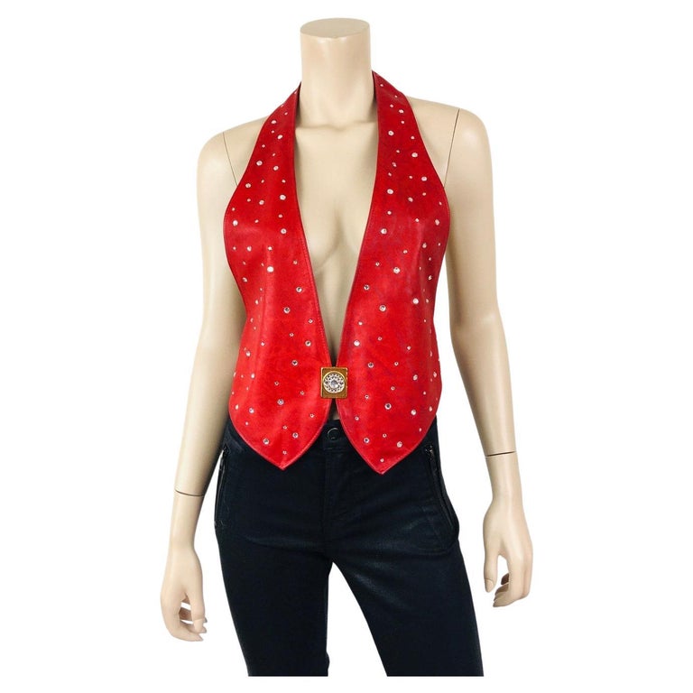 Vintage Red Leather and Rhinestone Studded Backless Halter Top Vest For ...
