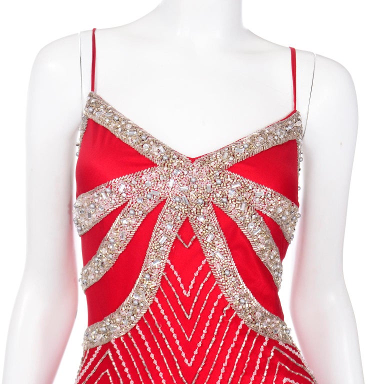 Vintage Red Silk Beaded 1990s Evening Dress w Rhinestones and Pearls ...