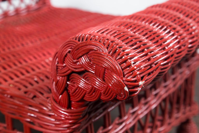 Vintage Red Wicker/Rattan Bench at 1stDibs | vintage wicker bench