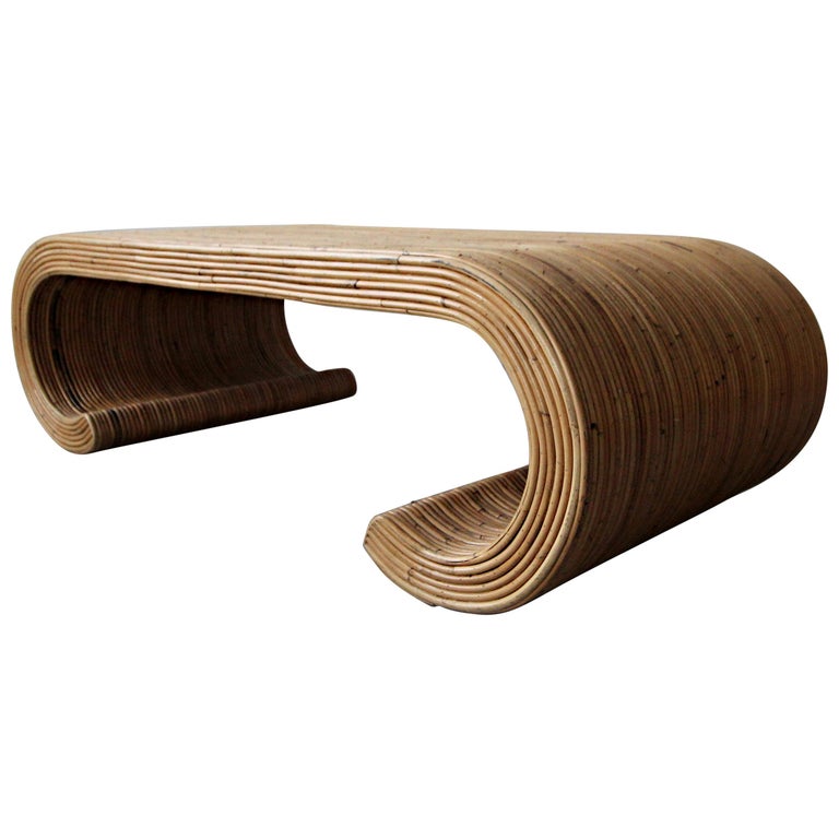 Vintage Reeded Bamboo Wicker Rattan Scroll Coffee Table For Sale at 1stDibs