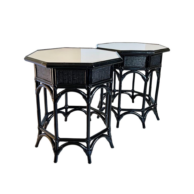 Vintage Refinished Black Rattan Resin Top Octagon Side Tables, a Pair ...