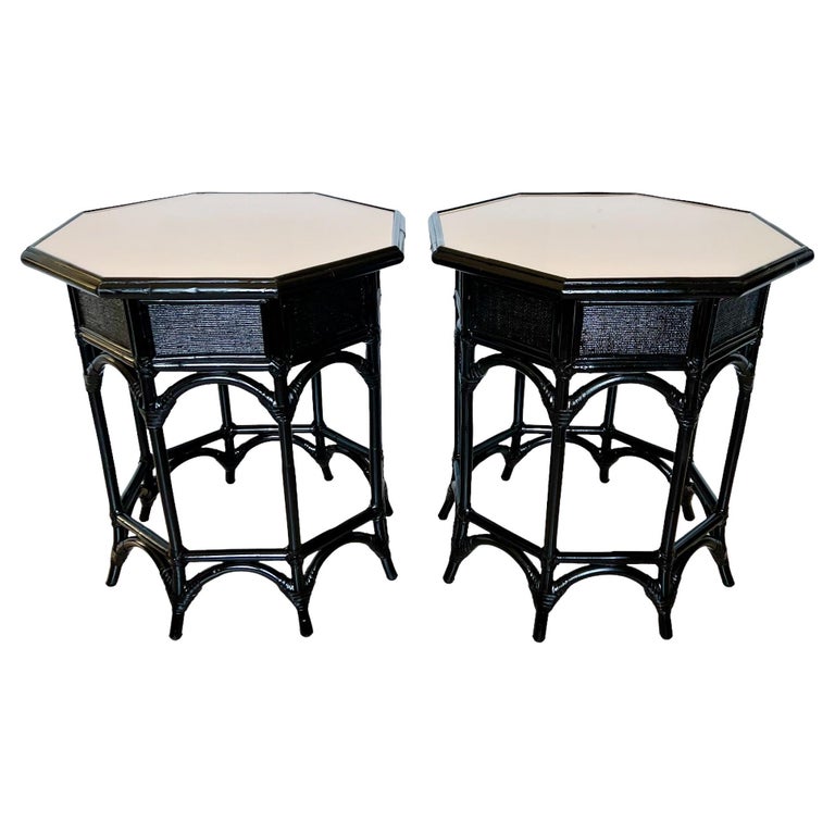 Vintage Refinished Black Rattan Resin Top Octagon Side Tables, a Pair ...