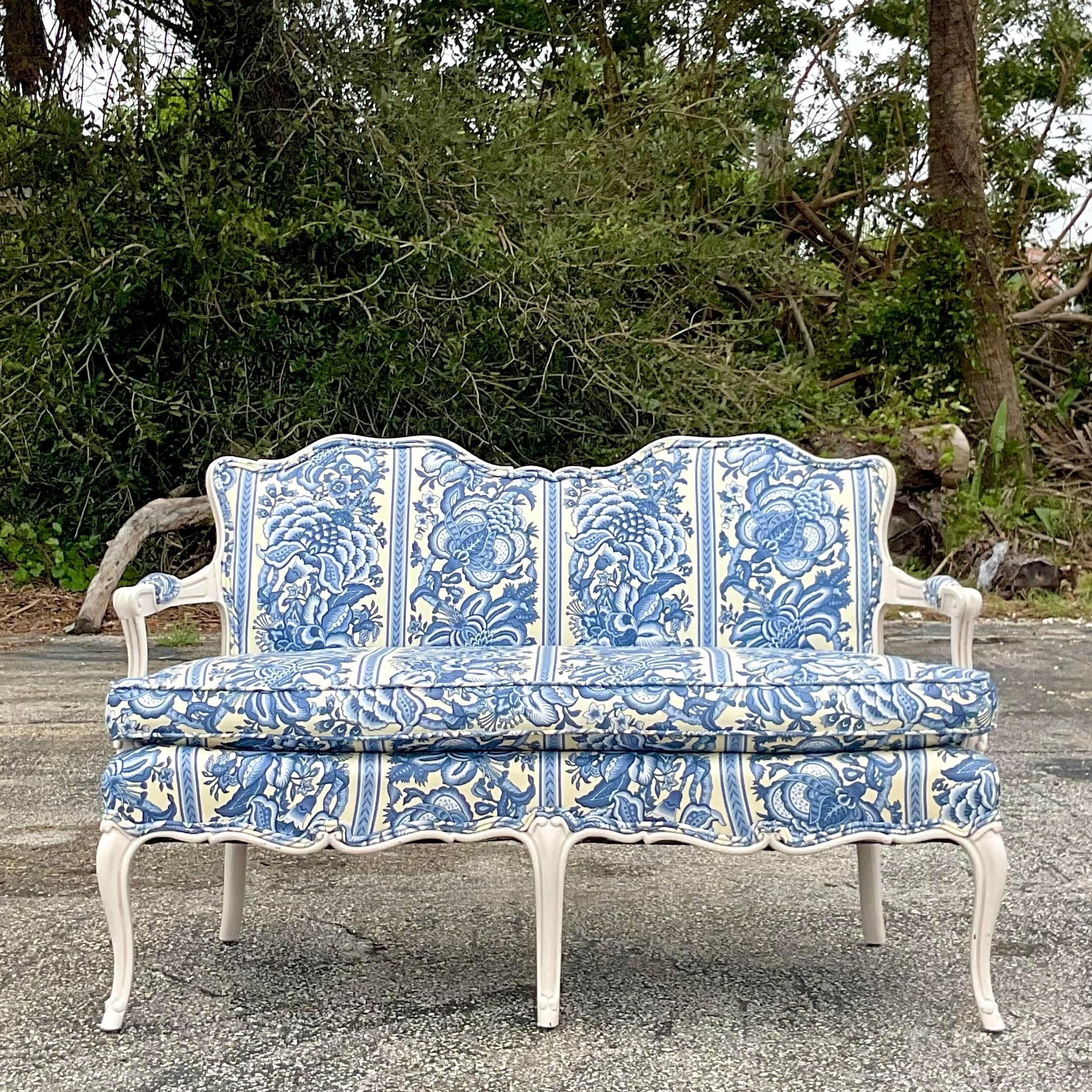 Vintage Regency Blue Floral Settee For Sale at 1stDibs