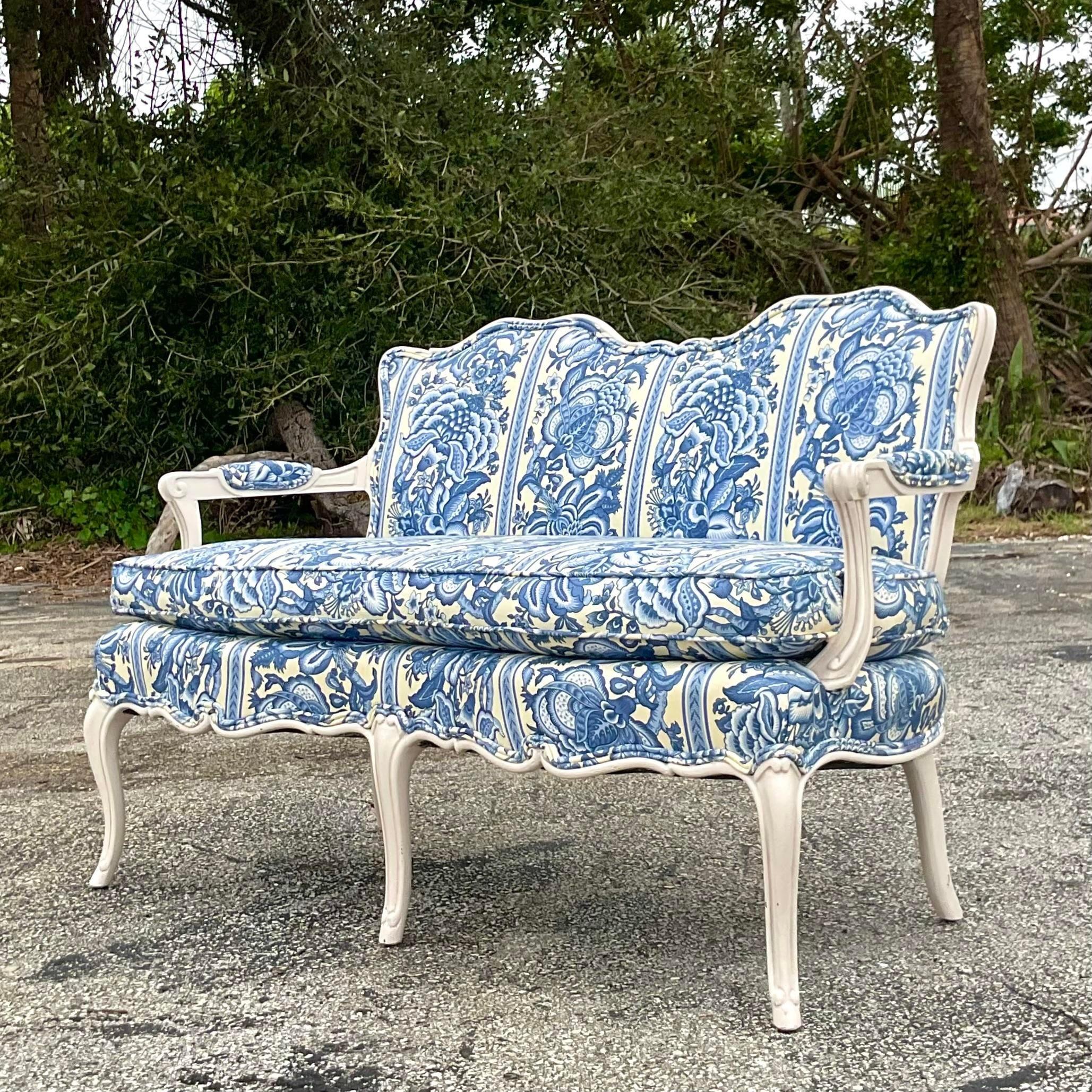 Vintage Regency Blue Floral Settee For Sale at 1stDibs