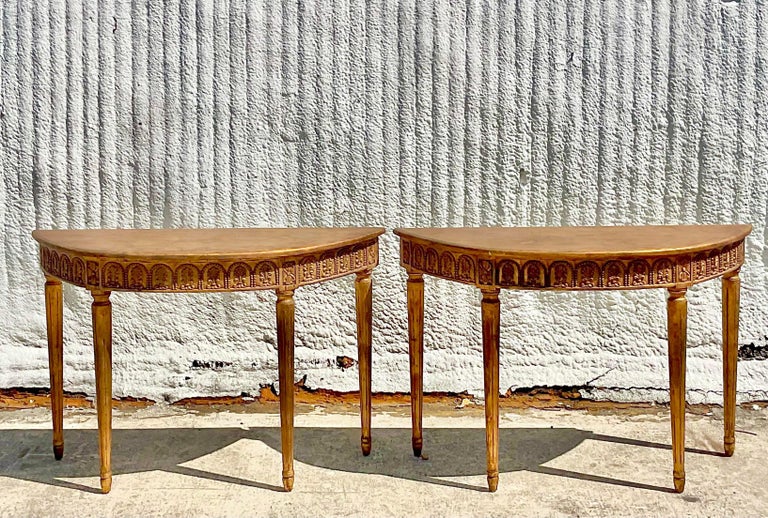 Vintage Regency Carved Gilt Demilune Tables, a Pair For Sale at 1stDibs