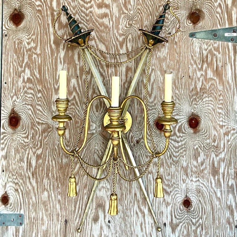 Vintage Regency Crossed Swords Swag Wall Sconce For Sale at 1stDibs