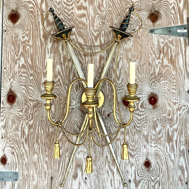 Vintage Regency Crossed Swords Swag Wall Sconce For Sale at 1stDibs