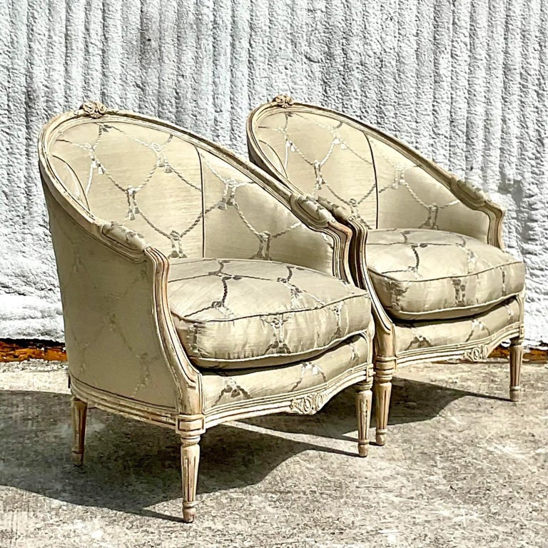 Vintage Regency Embroidered Lounge Chairs, a Pair For Sale at 1stDibs