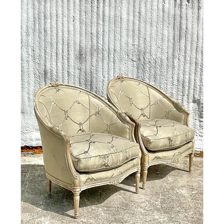 Vintage Regency Embroidered Lounge Chairs, a Pair For Sale at 1stDibs