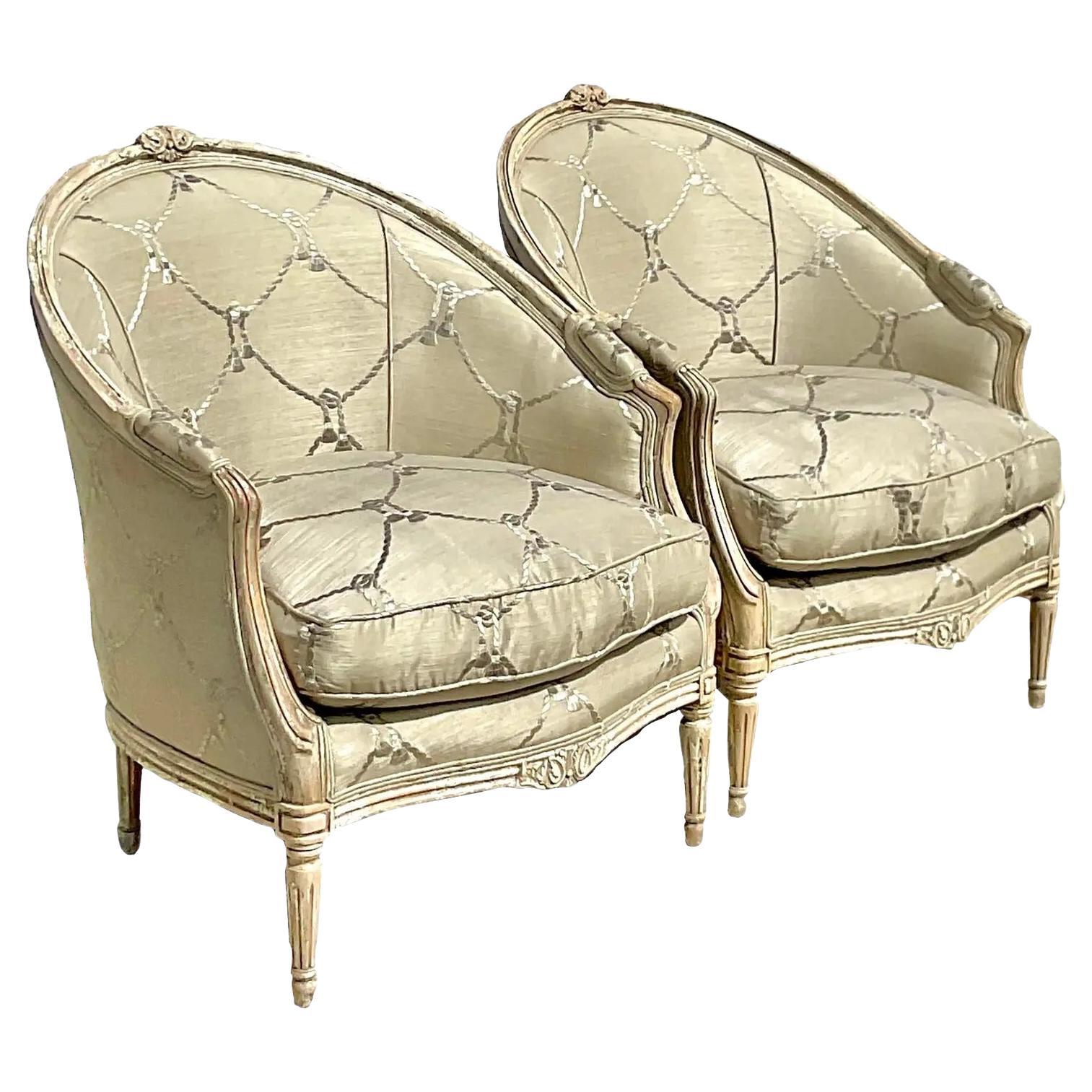 Vintage Regency Embroidered Lounge Chairs, a Pair For Sale at 1stDibs