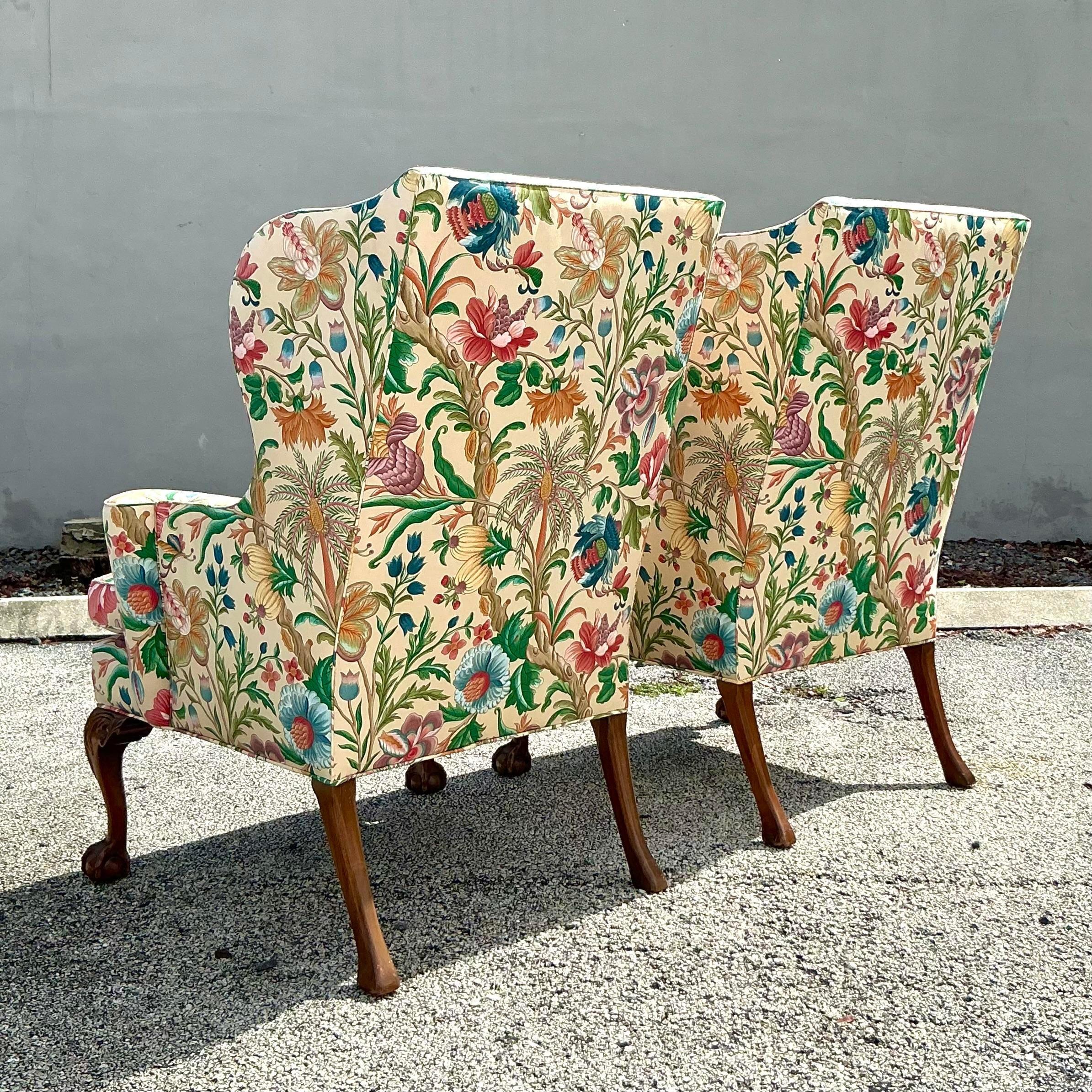 Vintage Regency Floral Wingback Chairs - a Pair For Sale at 1stDibs