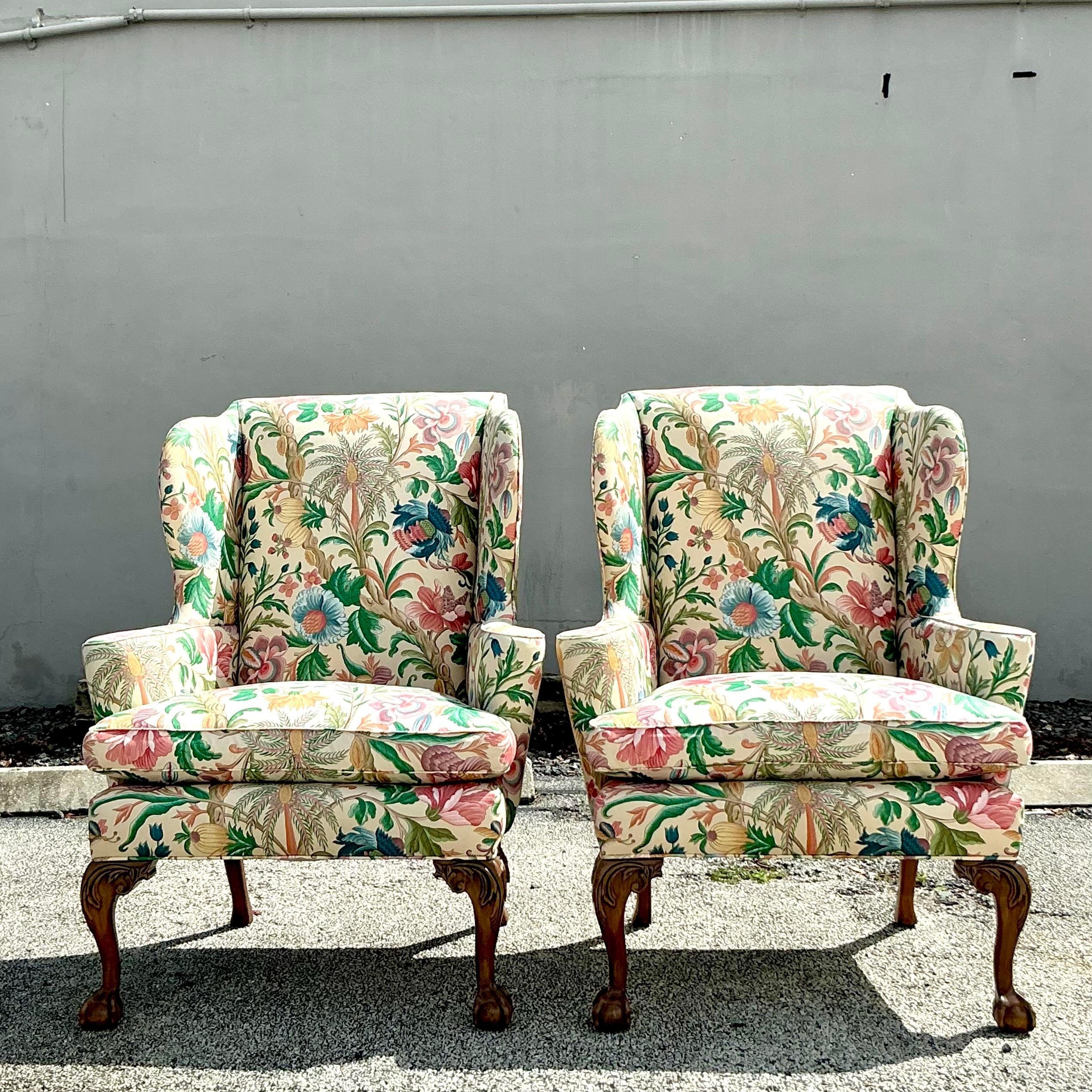 Vintage Regency Floral Wingback Chairs - a Pair For Sale at 1stDibs