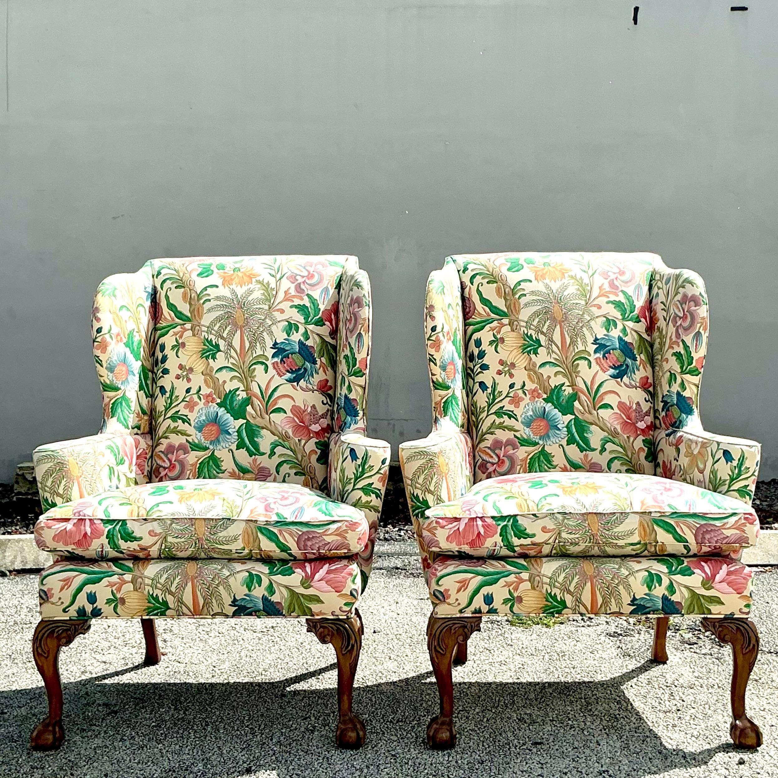 Vintage Regency Floral Wingback Chairs - a Pair For Sale at 1stDibs