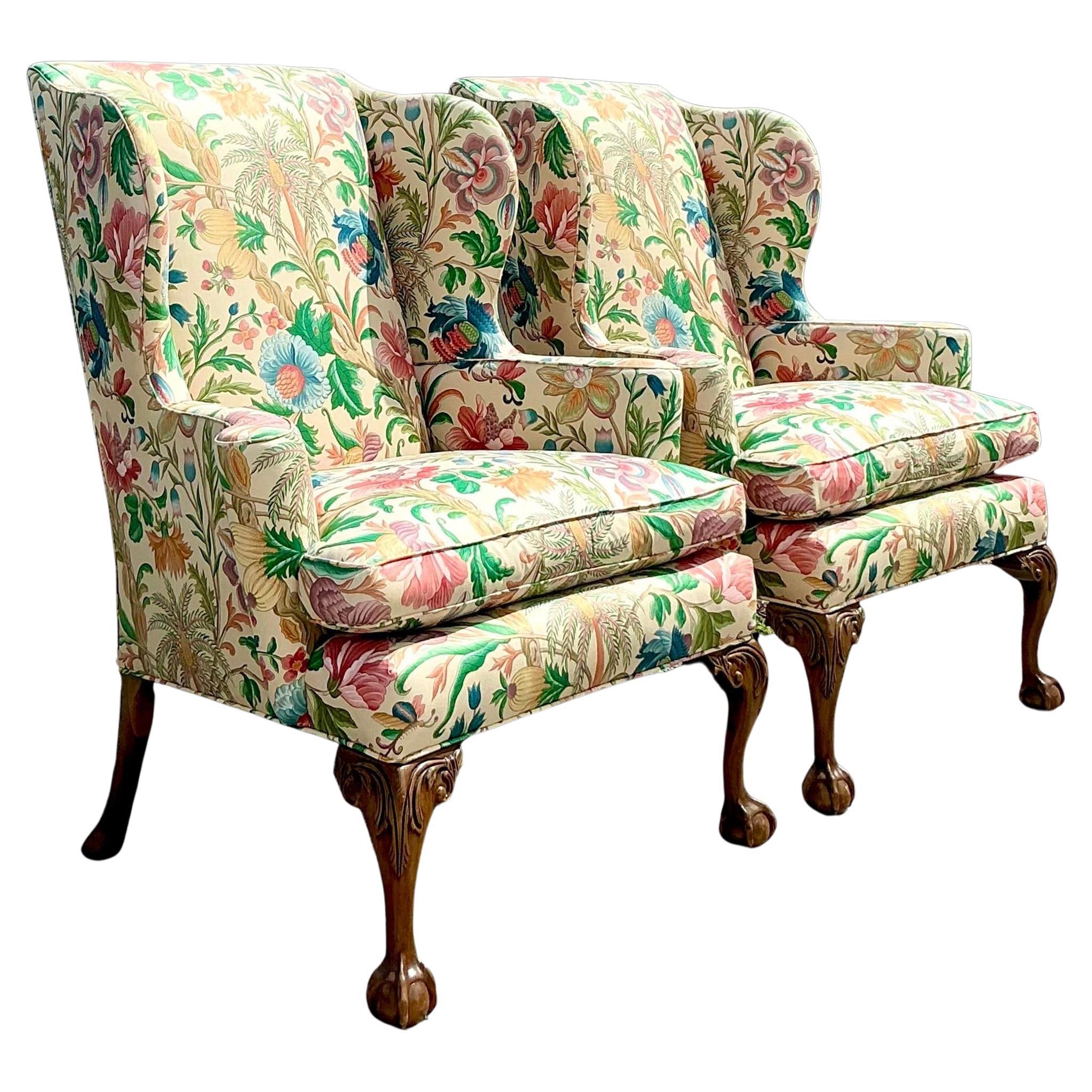 Vintage Boho Wingback Chairs in Brunschwig and Fils Floral - a Pair For ...