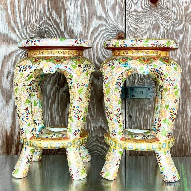 Vintage Regency Gilt Floral Ceramic Stools For Sale at 1stDibs