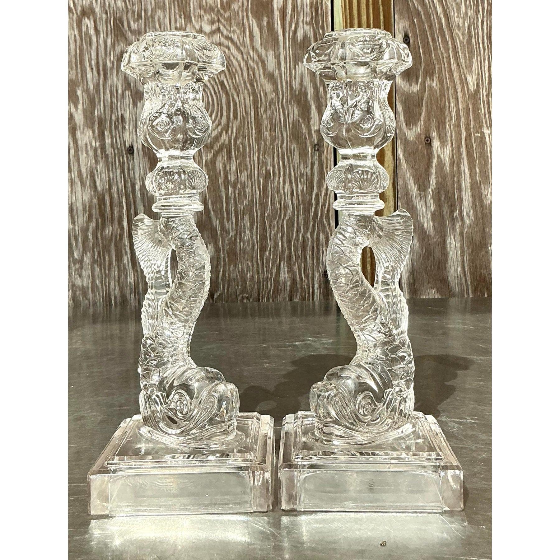 Vintage Regency Glass Dolphin Candlesticks - a Pair For Sale at 1stDibs