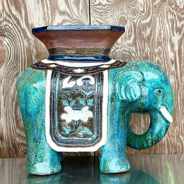 Vintage Regency Glazed Ceramic Elephant Stool For Sale at 1stDibs