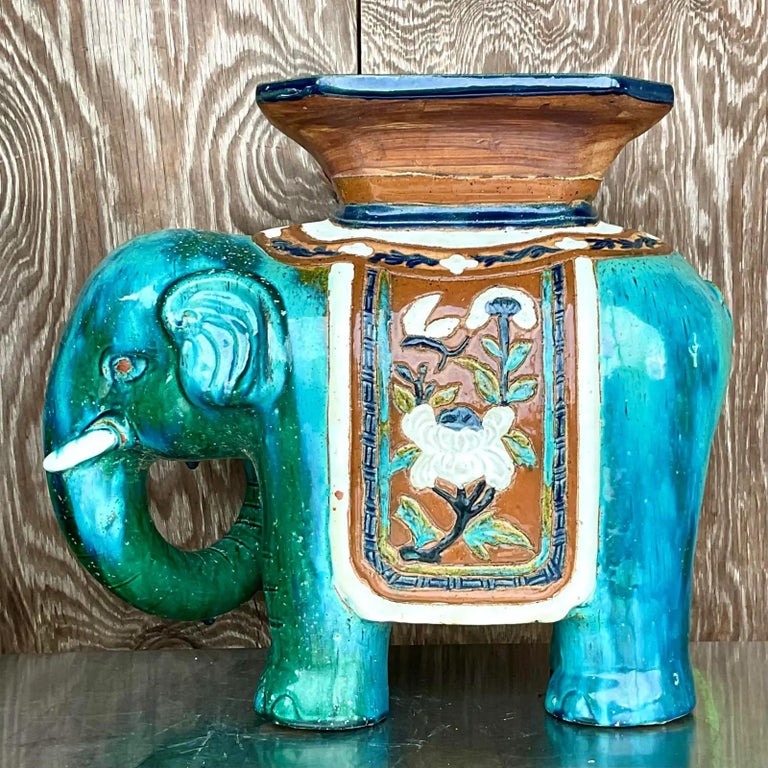 Vintage Regency Glazed Ceramic Elephant Stool For Sale at 1stDibs