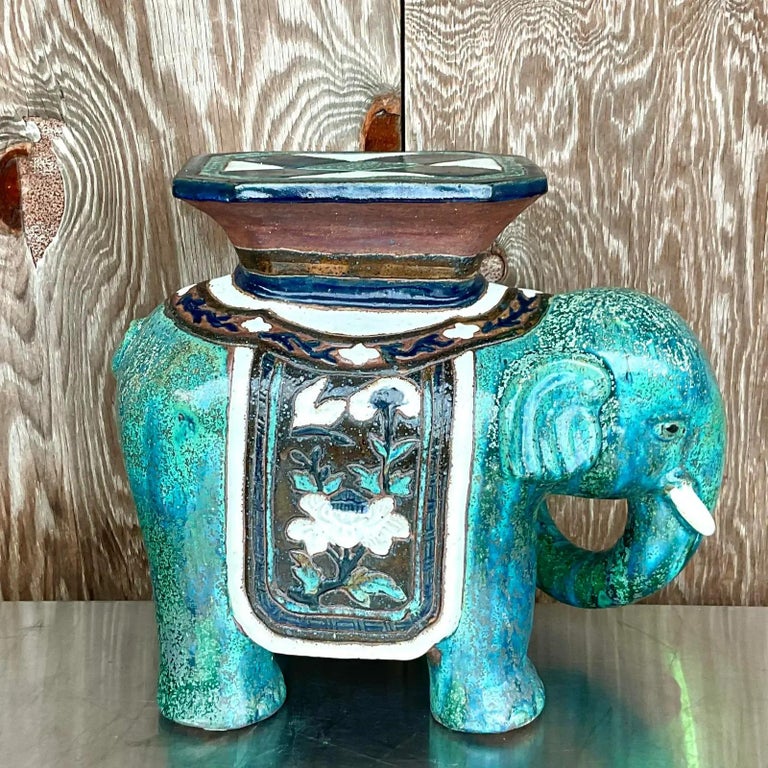 Vintage Regency Glazed Ceramic Elephant Stool For Sale at 1stDibs