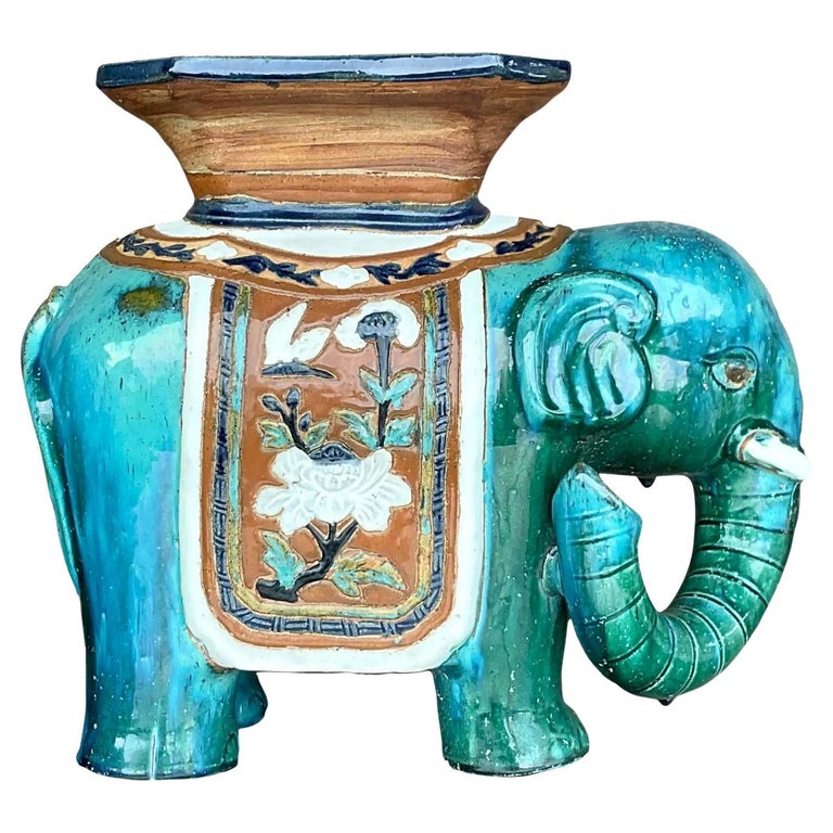 Vintage Regency Glazed Ceramic Elephant Stool For Sale at 1stDibs