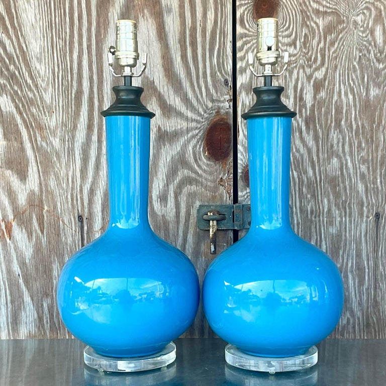 Vintage Regency Glazed Ceramic Onion Bulb Lamps, a Pair For Sale at 1stDibs