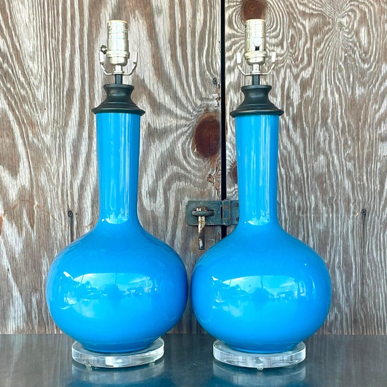 Vintage Regency Glazed Ceramic Onion Bulb Lamps, a Pair For Sale at 1stDibs