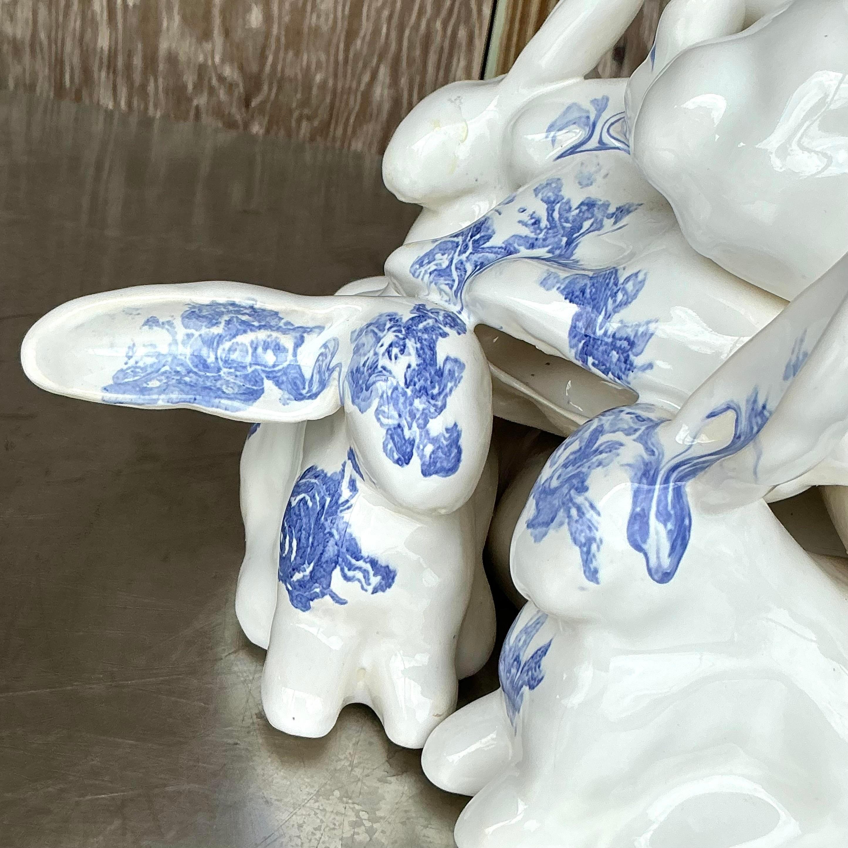 Vintage Regency Glazed Ceramic Stacked Rabbit Sculpture For Sale at 1stDibs