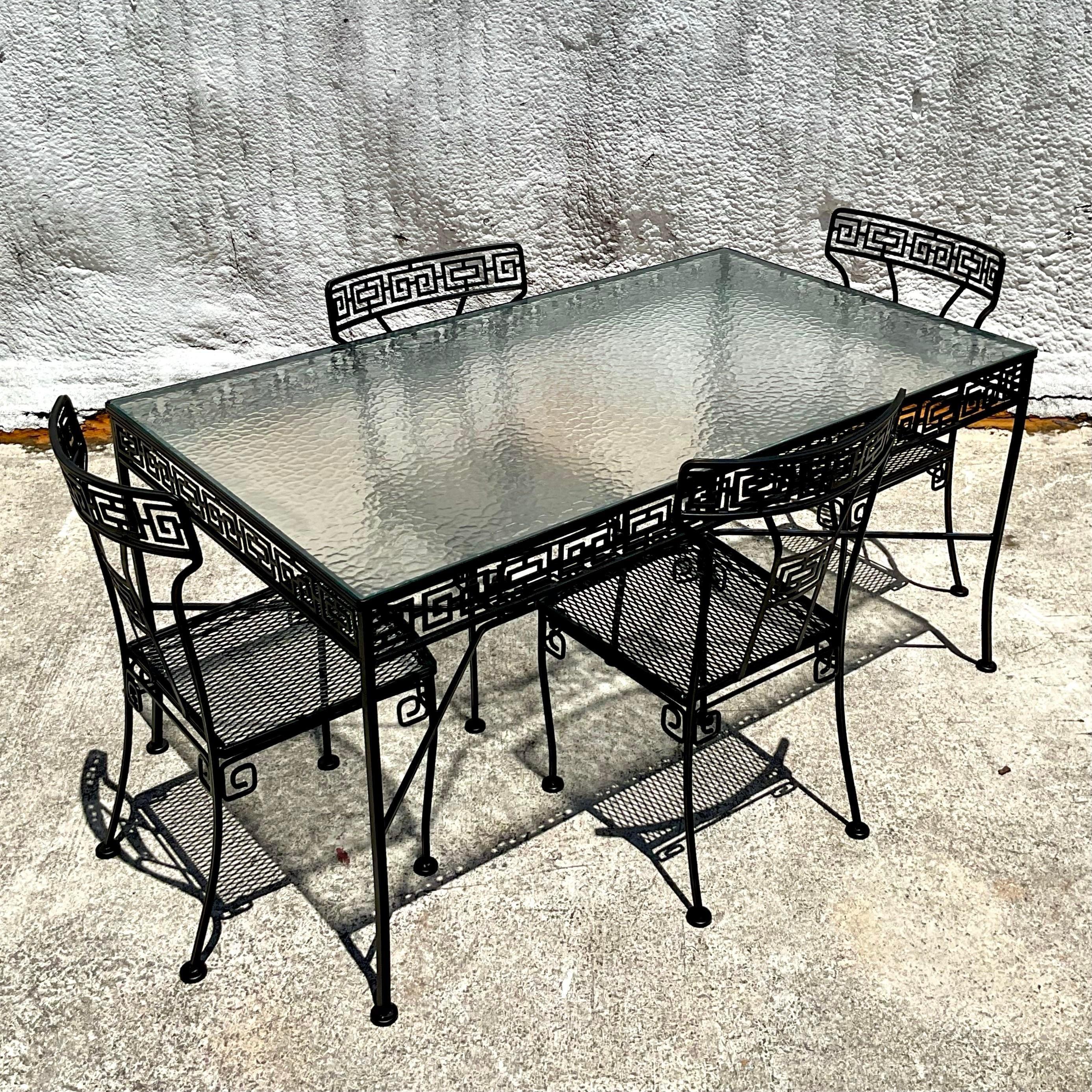 Vintage Regency Greek Key Wrought Iron Outdoor Dining Table and 4 ...