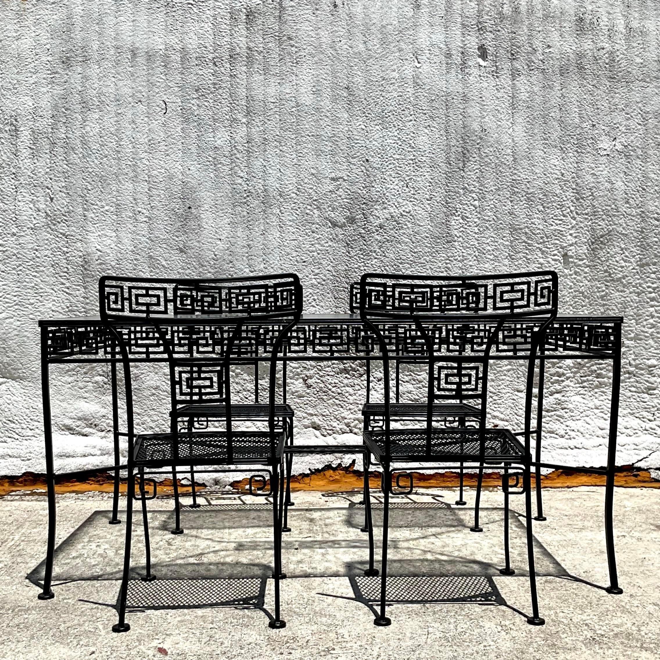 Vintage Regency Greek Key Wrought Iron Outdoor Dining Table and 4 ...