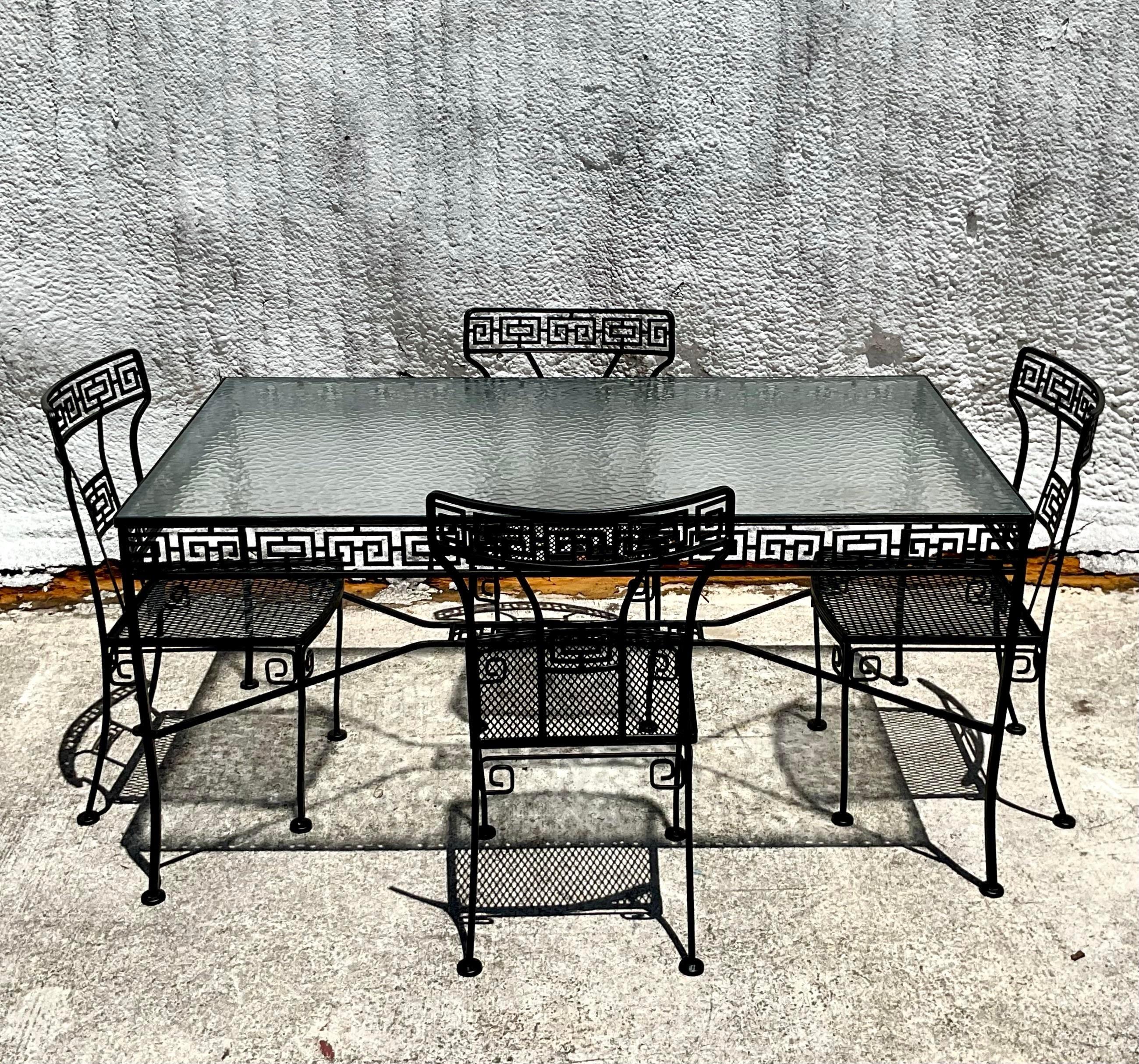 Vintage Regency Greek Key Wrought Iron Outdoor Dining Table and 4 ...