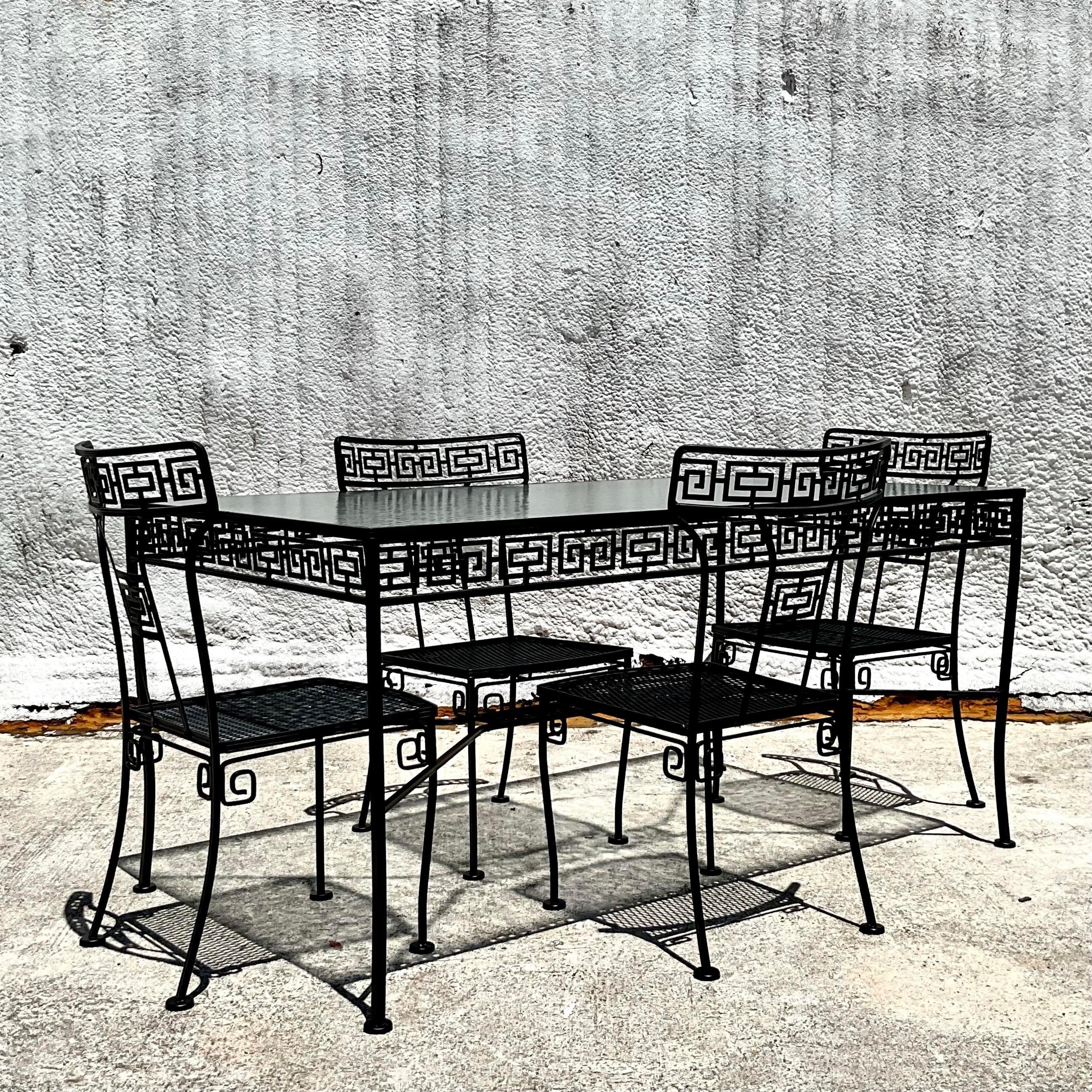 Vintage Regency Greek Key Wrought Iron Outdoor Dining Table and 4 ...