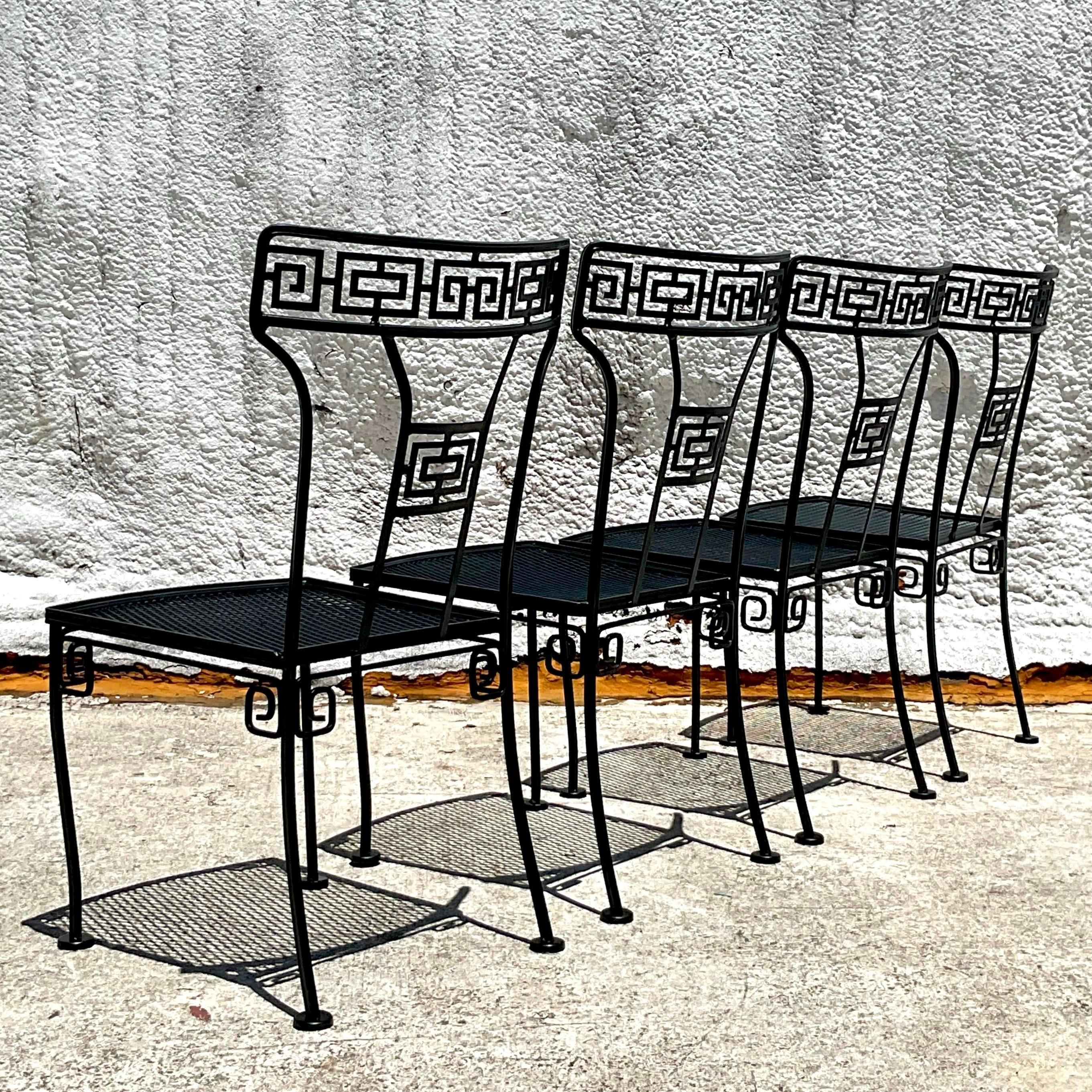 Vintage Regency Greek Key Wrought Iron Outdoor Dining Table and 4 ...