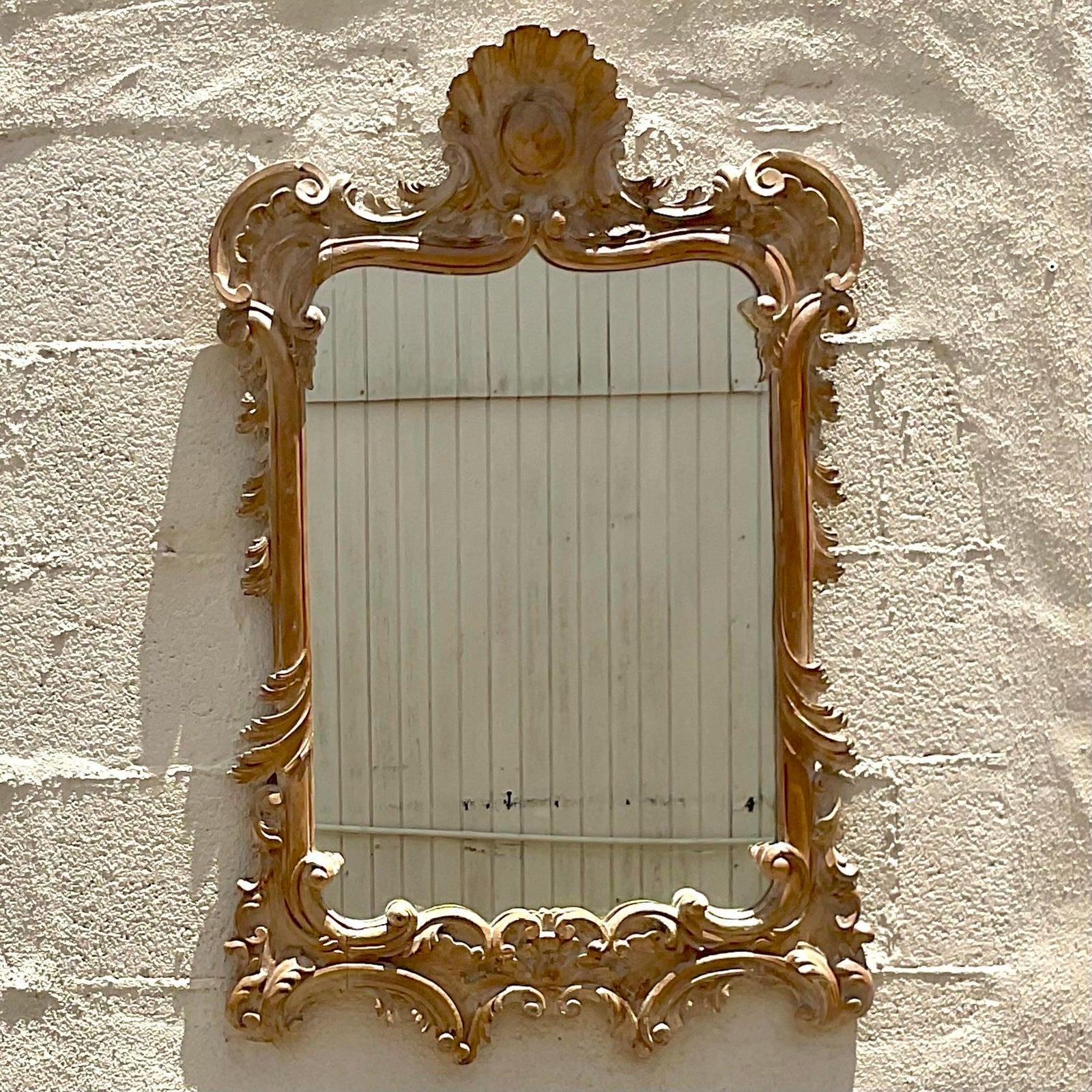 Vintage Regency Hand Carved Cerused Wood Mirror For Sale at 1stDibs