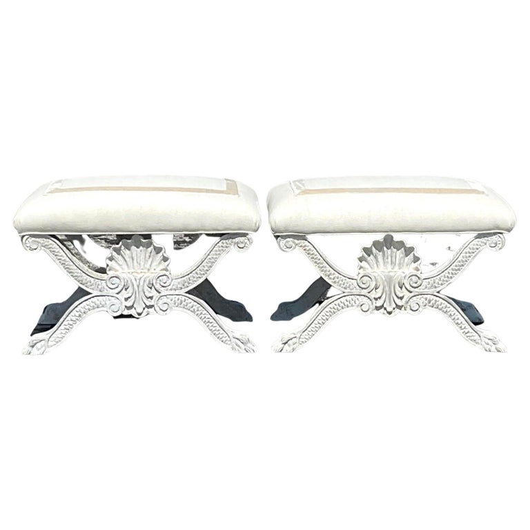 Vintage Regency Hand Carved Xbenche With Velvet Ribbon Trim- a Pair For ...