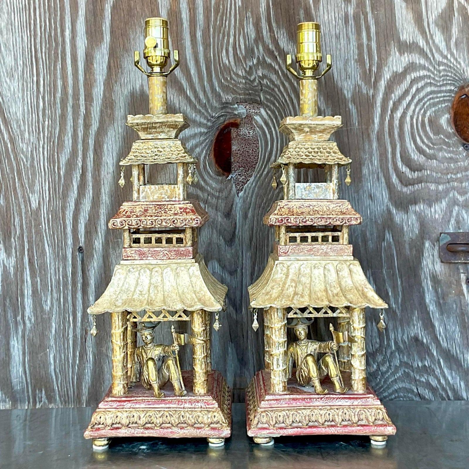 Vintage Regency Hand Painted Pagoda Lamps - a Pair For Sale at 1stDibs