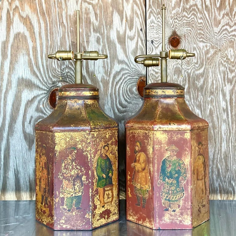 Vintage Regency Hand Painted Tole Lamps, a Pair at 1stDibs