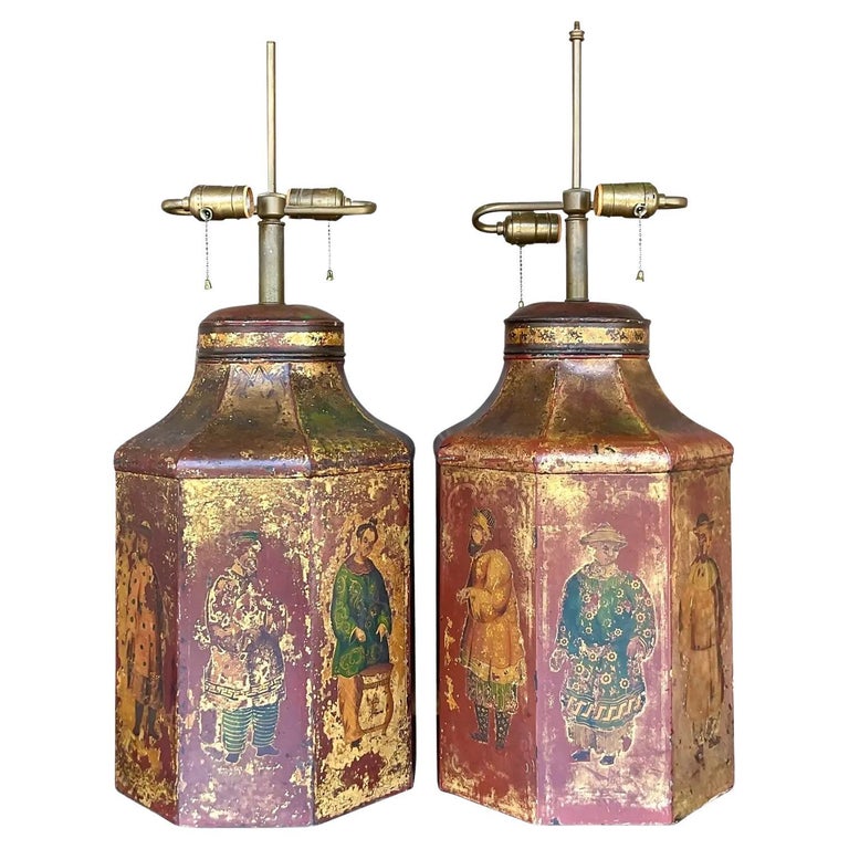 Vintage Regency Hand Painted Tole Lamps, a Pair at 1stDibs