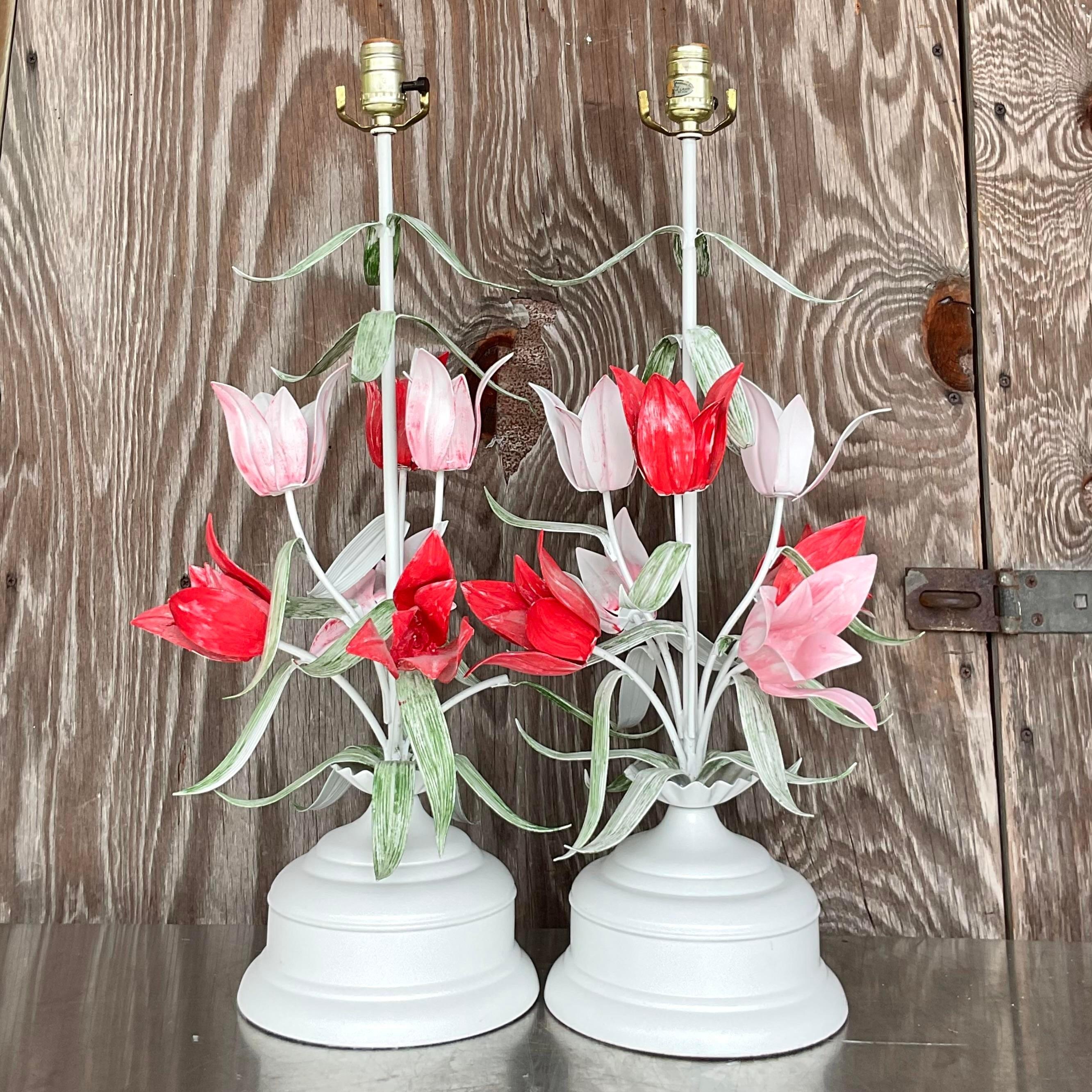 Vintage Regency Hand Painted Tulip Tole Lamps - a Pair For Sale at 1stDibs