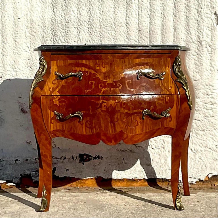 Vintage Regency Marble Top Marquetry Bombe Chest For Sale at 1stDibs